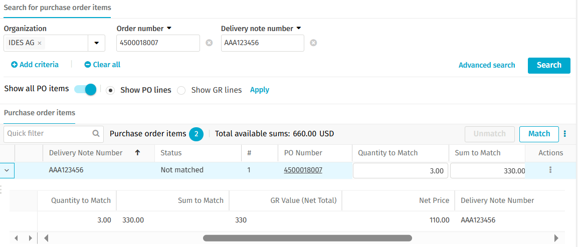 Filter results by goods receipt details given for matching order search